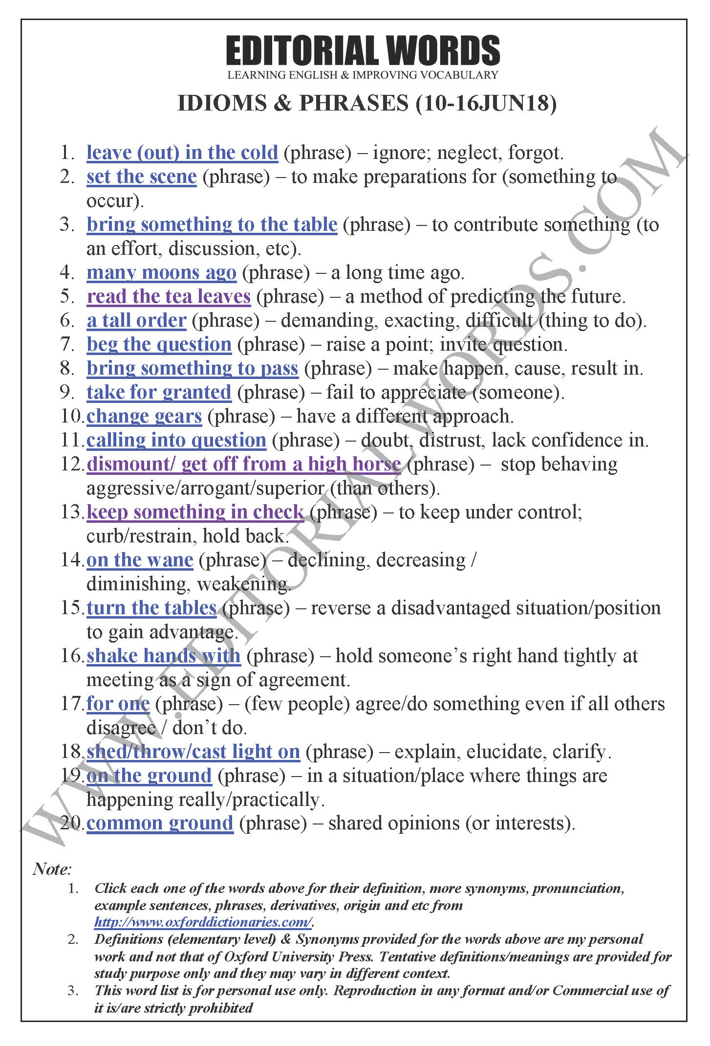 “Idioms & Phrases” We Learnt Last Week (Jun 10-16, 2018) - Editorial Words