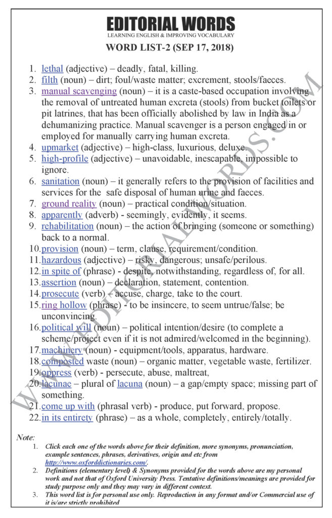The Hindu Editorial (Lethal filth) - Sep 17, 2018 - Editorial Words The Hindu Editorial (Lethal filth) - Sep 17, 2018 - Editorial Words