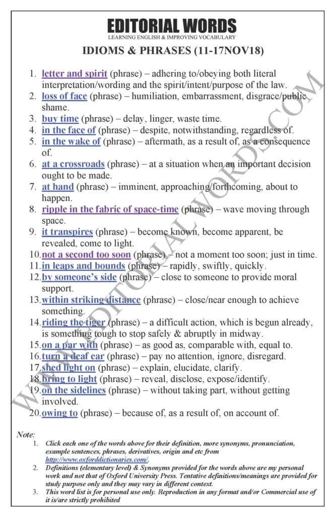 “Idioms & Phrases” We Learnt Last Week (Nov 11-17, 2018) - Editorial Words