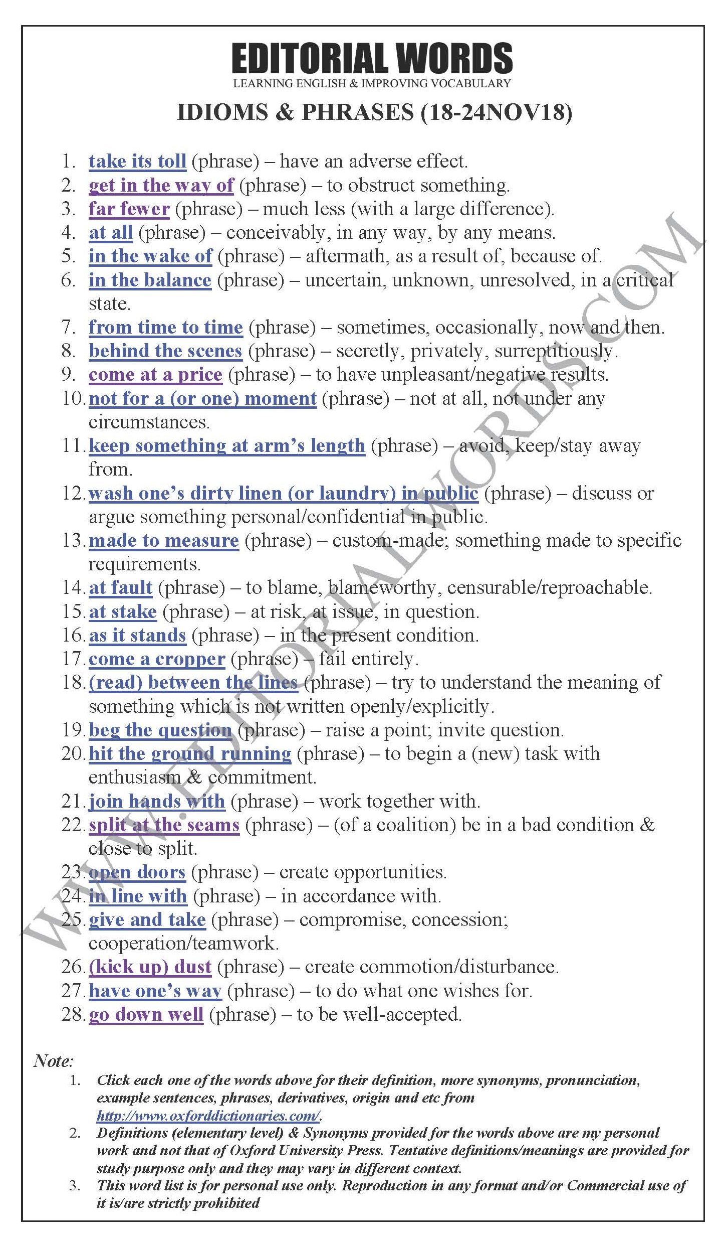 “Idioms & Phrases” We Learnt Last Week (Nov 18-24, 2018) - Editorial Words