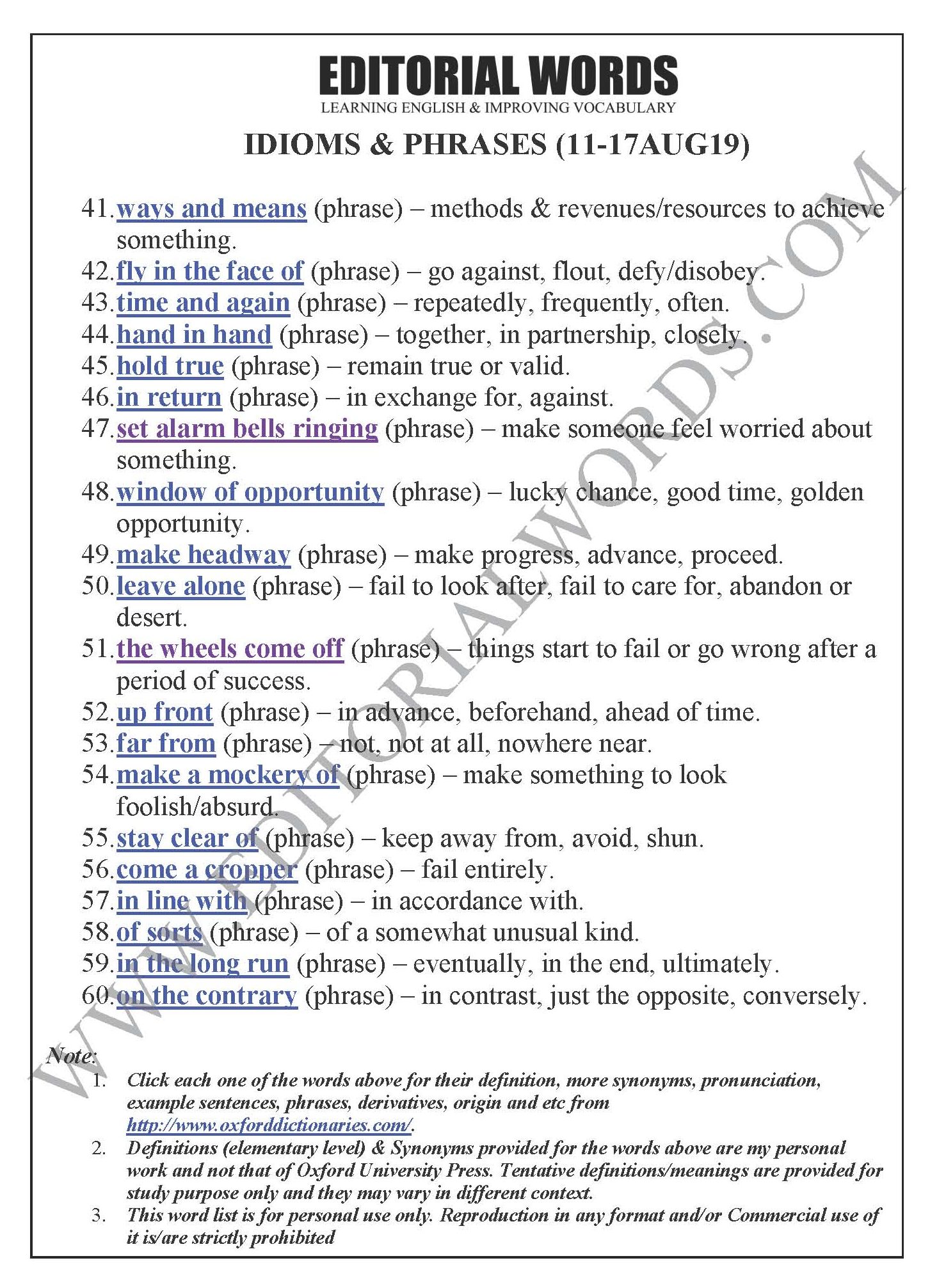 “Idioms & Phrases” We Learnt Last Week (Aug 11-17, 2019) - Editorial Words