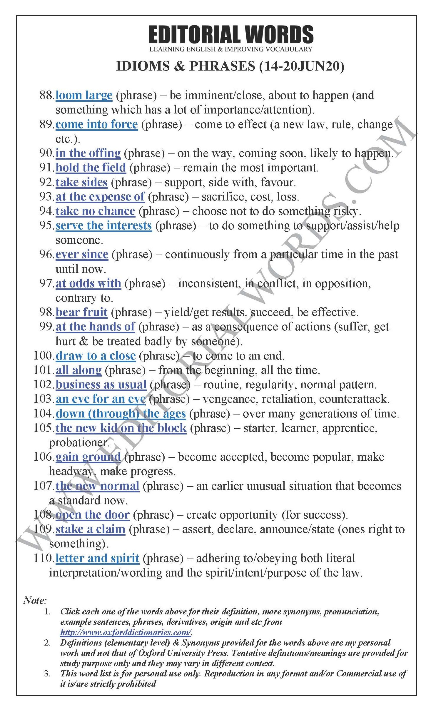 “Idioms & Phrases” We Learnt Last Week (Jun 14-20, 2020) - Editorial Words