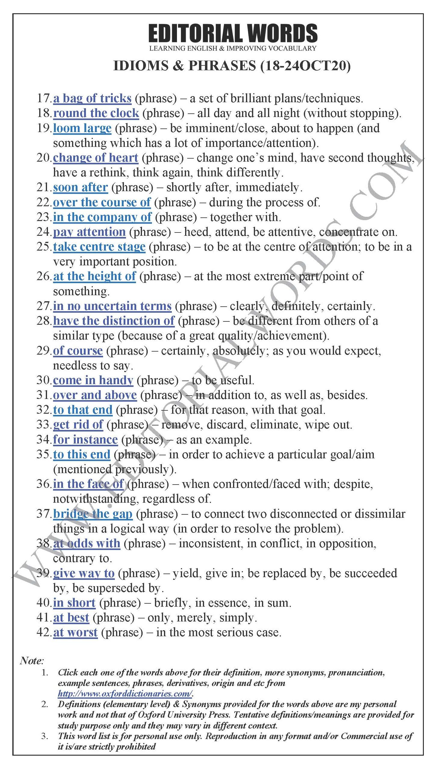 “Idioms & Phrases” We Learnt Last Week (Oct 18-24, 2020) - Editorial Words