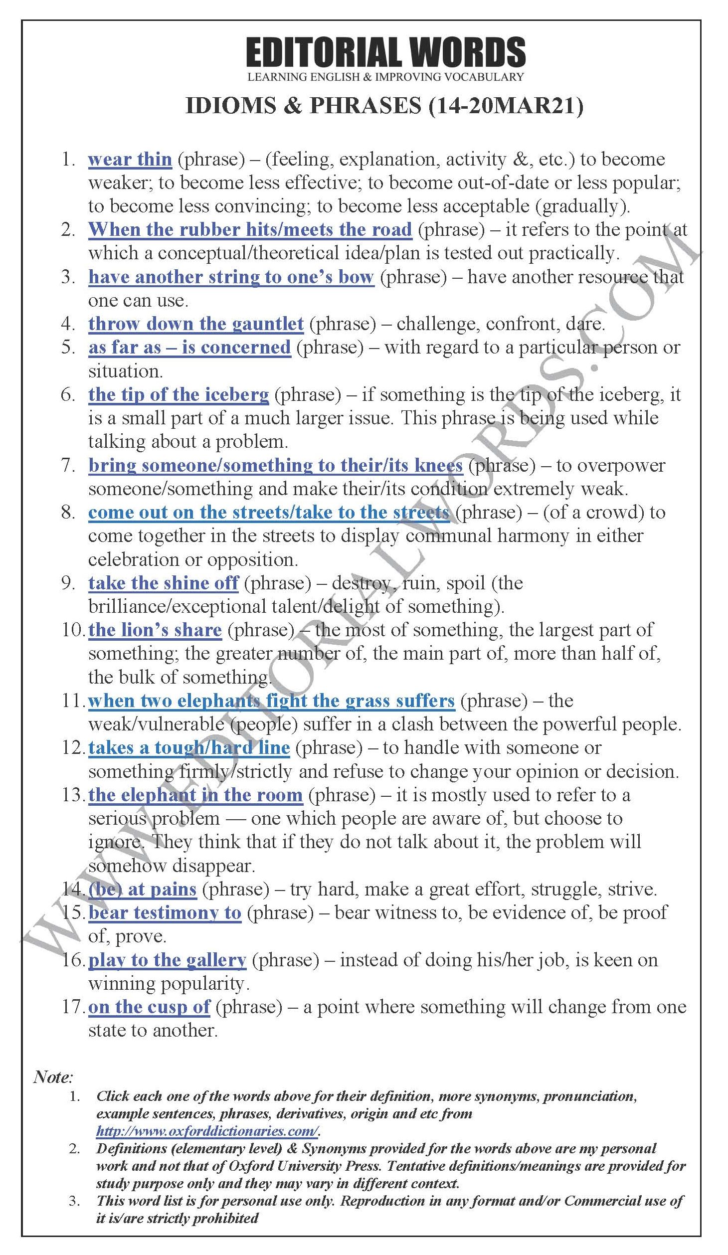 “Idioms & Phrases” We Learnt Last Week (Mar 14-20, 2021) - Editorial Words
