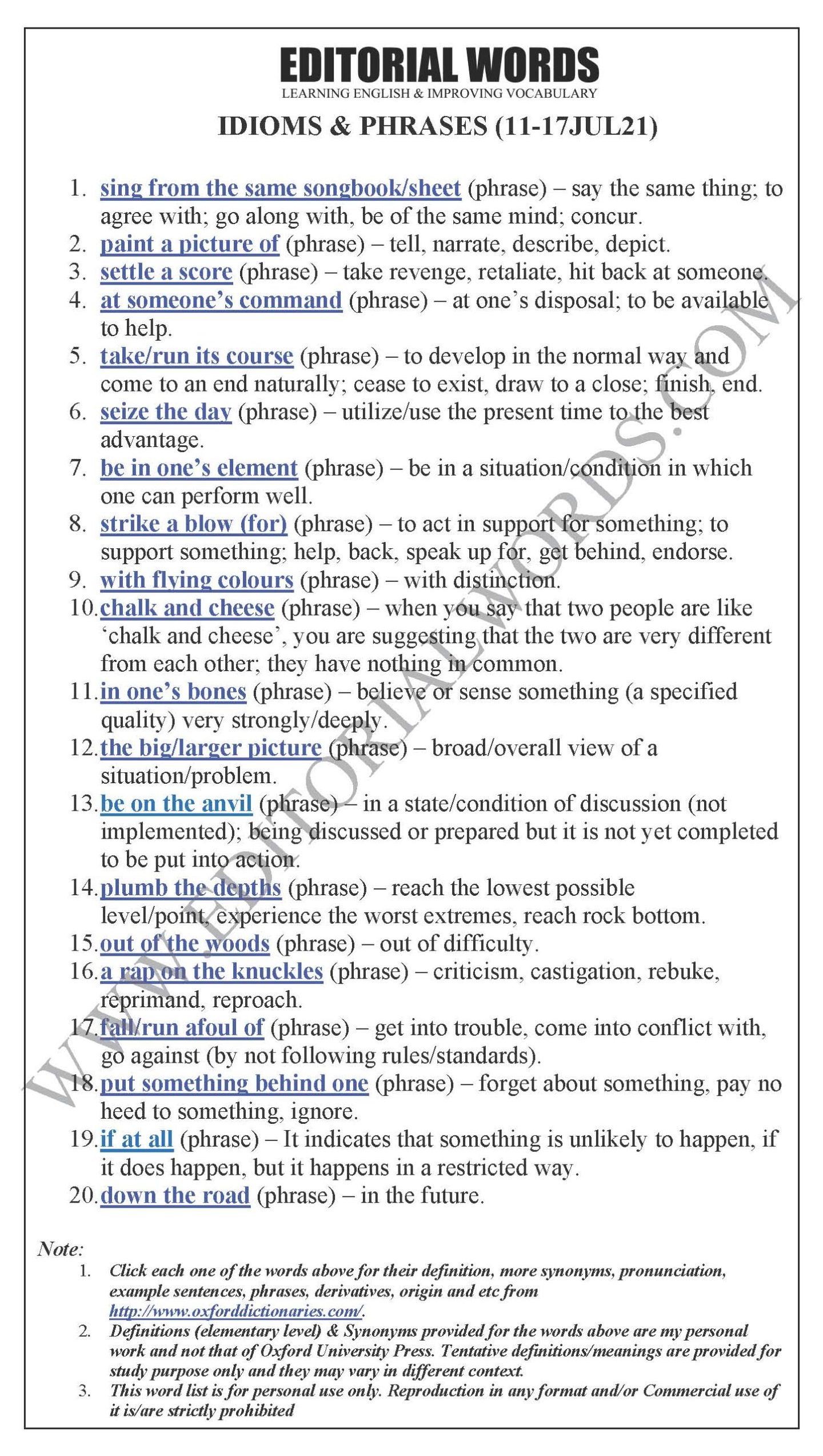 “Idioms & Phrases” We Learnt Last Week (Jul 11-17, 2021) - Editorial Words