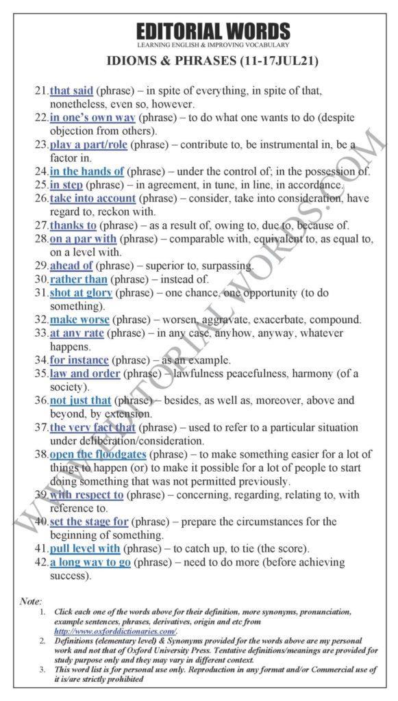 “Idioms & Phrases” We Learnt Last Week (Jul 11-17, 2021) - Editorial Words