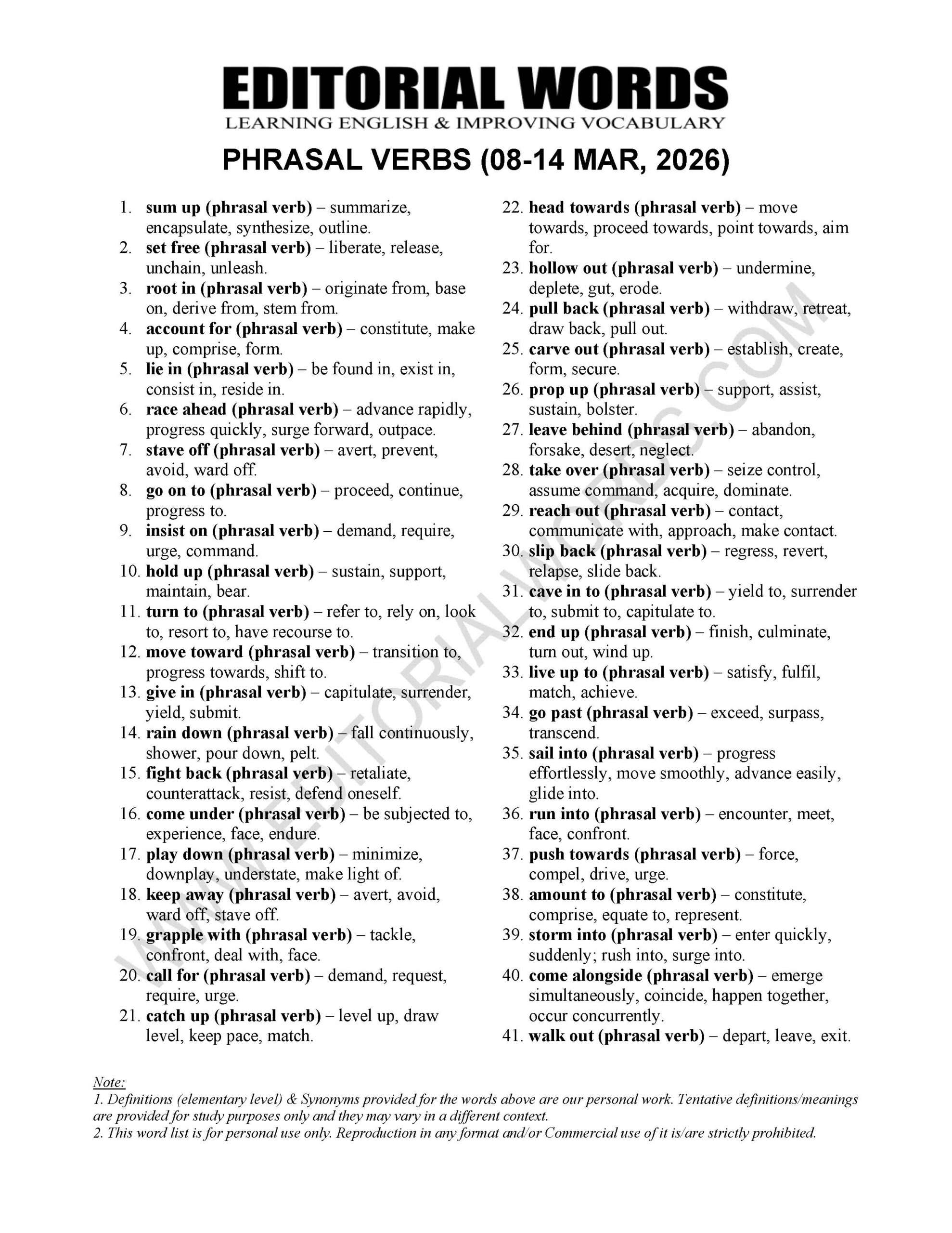 "Phrasal Verbs" We Learnt Last Week (Mar 08-14, 2026) - Editorial Words